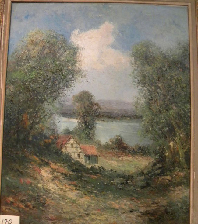 Willi Bauer Oil on Canvas Painting, Signed, Lake Scene : Lot 19170