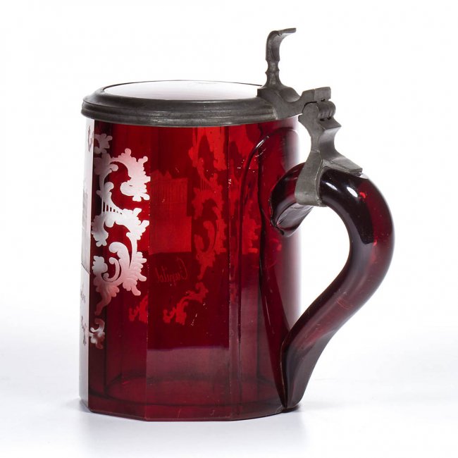 IMPORTANT AMERICO-BOHEMIAN RUBY STAINED TANKARD STEIN : Lot 851