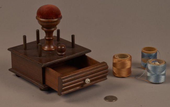 Antique Wooden Thread Spool Holder/ Pin Cushion Box : Lot 431