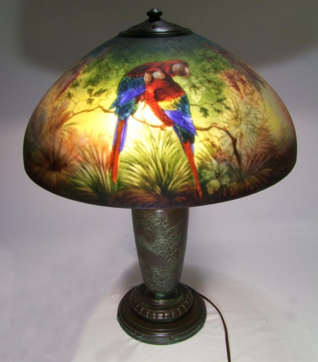Handel 6874 Reverse Painted Jungle Bird Table Lamp : Lot 24