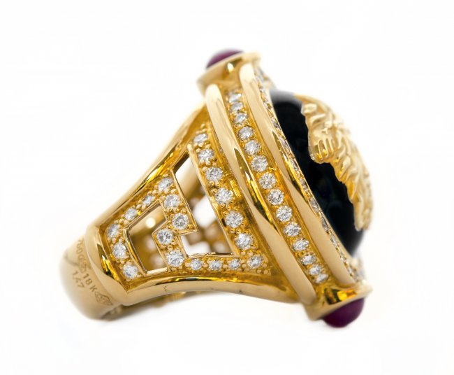 VERSACE 18KT YELLOW GOLD, DIAMOND, RUBY AND ENAMEL RING : Lot 114