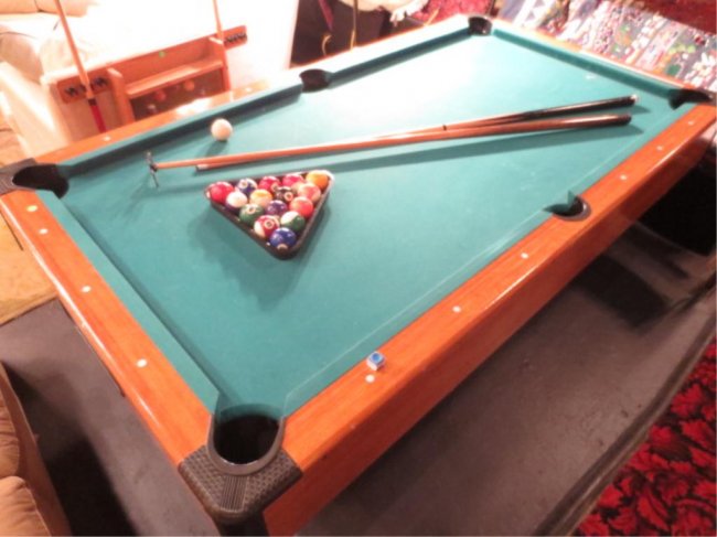 HARVARD POOL TABLE, INCLUDES BALLS, CUE RACK WITH CLOCK : Lot 23