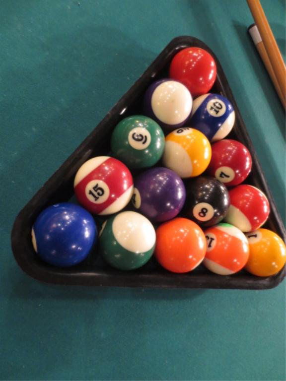HARVARD POOL TABLE, INCLUDES BALLS, CUE RACK WITH CLOCK : Lot 23
