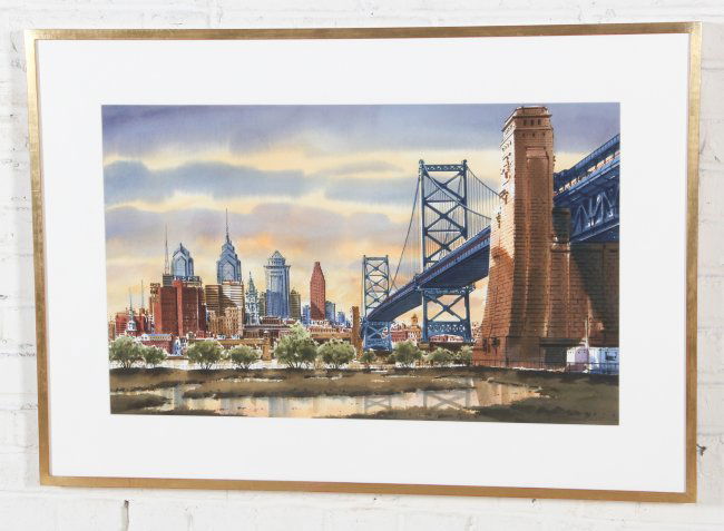 Ressler, Watercolor, Philadelphia Skyline and Bridge : Lot 48
