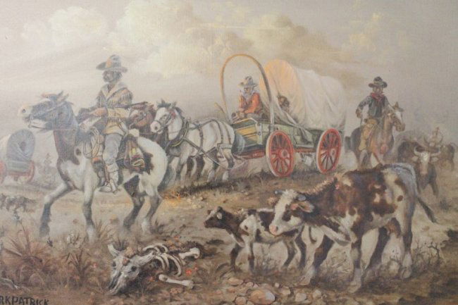 J. A. Kirkpatrick 24" X 36" Oil Painting Cowboy Scene : Lot 143