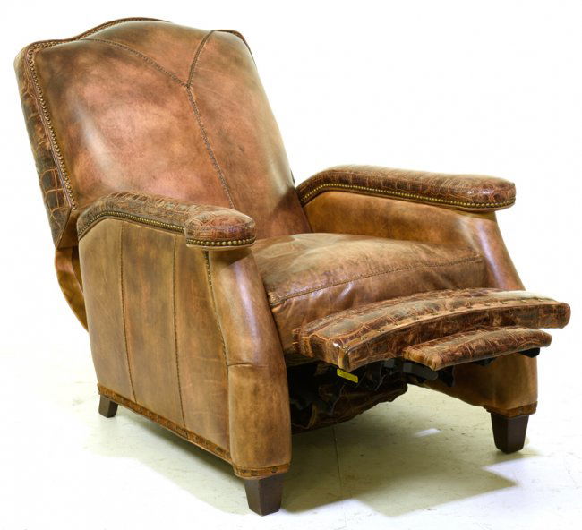 A LEATHER AND FAUX ALLIGATOR SKIN RECLINING CLUB CHAIR : Lot 289