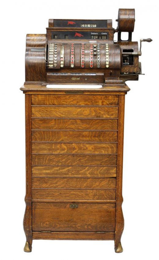 LARGE ANTIQUE NATIONAL CASH REGISTER ON OAK STAND : Lot 65