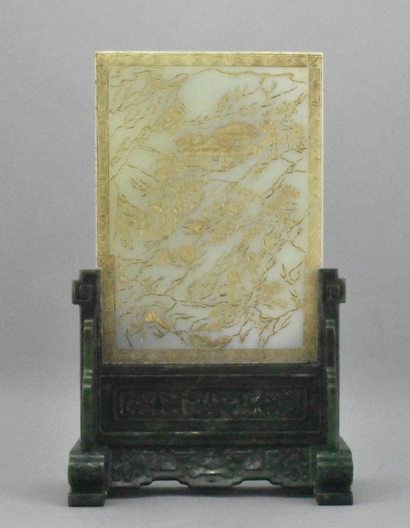 WHITE JADE TABLE SCREEN WITH GREEN JADE STAND : Lot 363
