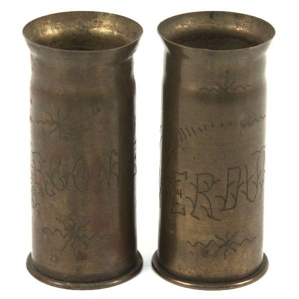 TWO WWI TRENCH ART BRASS SHELL CASINGS 37-85 : Lot 5540