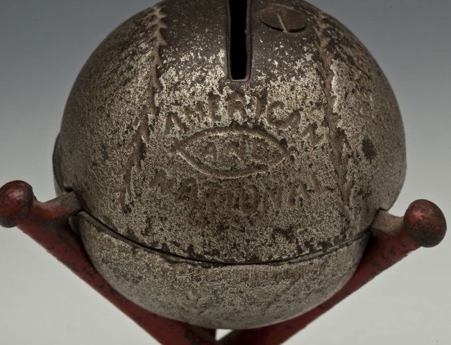 150: 1914 Hubley Cast Iron Baseball on 3 Bats Bank : Lot 150