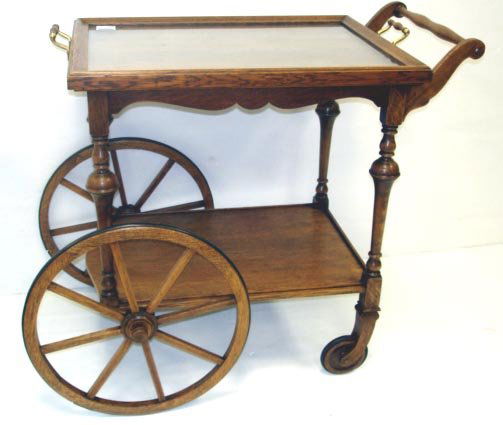 351: VICTORIAN OAK TEA CART W/ TRAY OLD REFINISH : Lot 351
