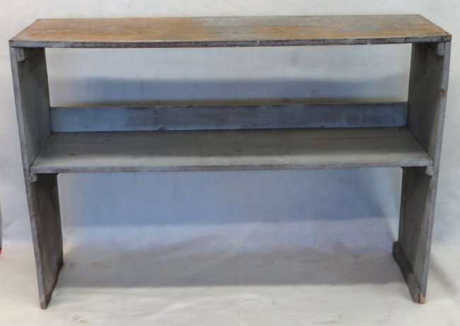 Primitive bucket bench in old grey paint. : Lot 98