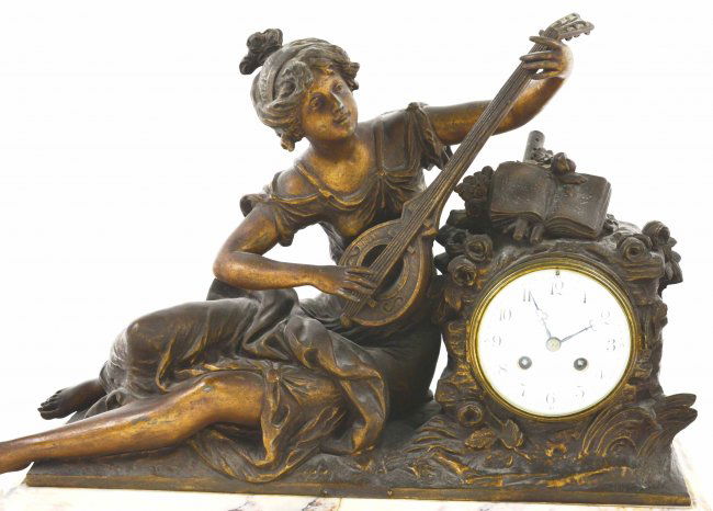 Auguste Moreau Bronze Spelter & Marble Mantle Clock : Lot 89
