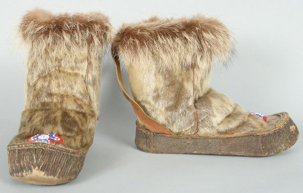 249: Inuit Sealskin Boots with Beadwork and Leather Str : Lot 249