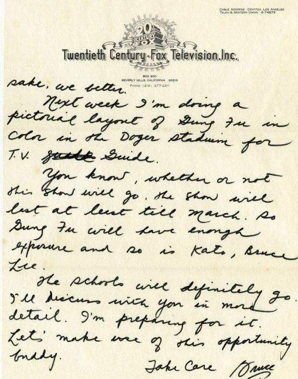 Bruce Lee original handwritten letter regarding Gung Fu : Lot 682